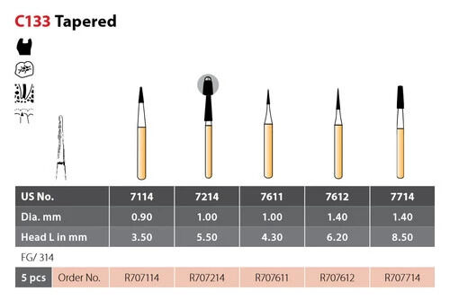 Alpen Carbide Burs Trim & Finish Tapered C133 FG/314, 5/pkg | Linen Plus