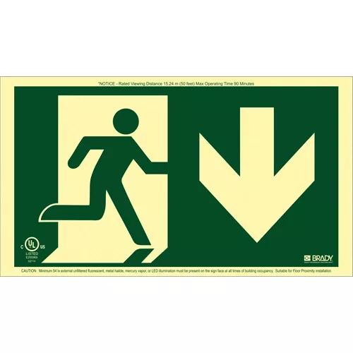 Brady BradyGlo® Running Man Exit Sign with Down Arrow, 8-1/2" X 15 ...